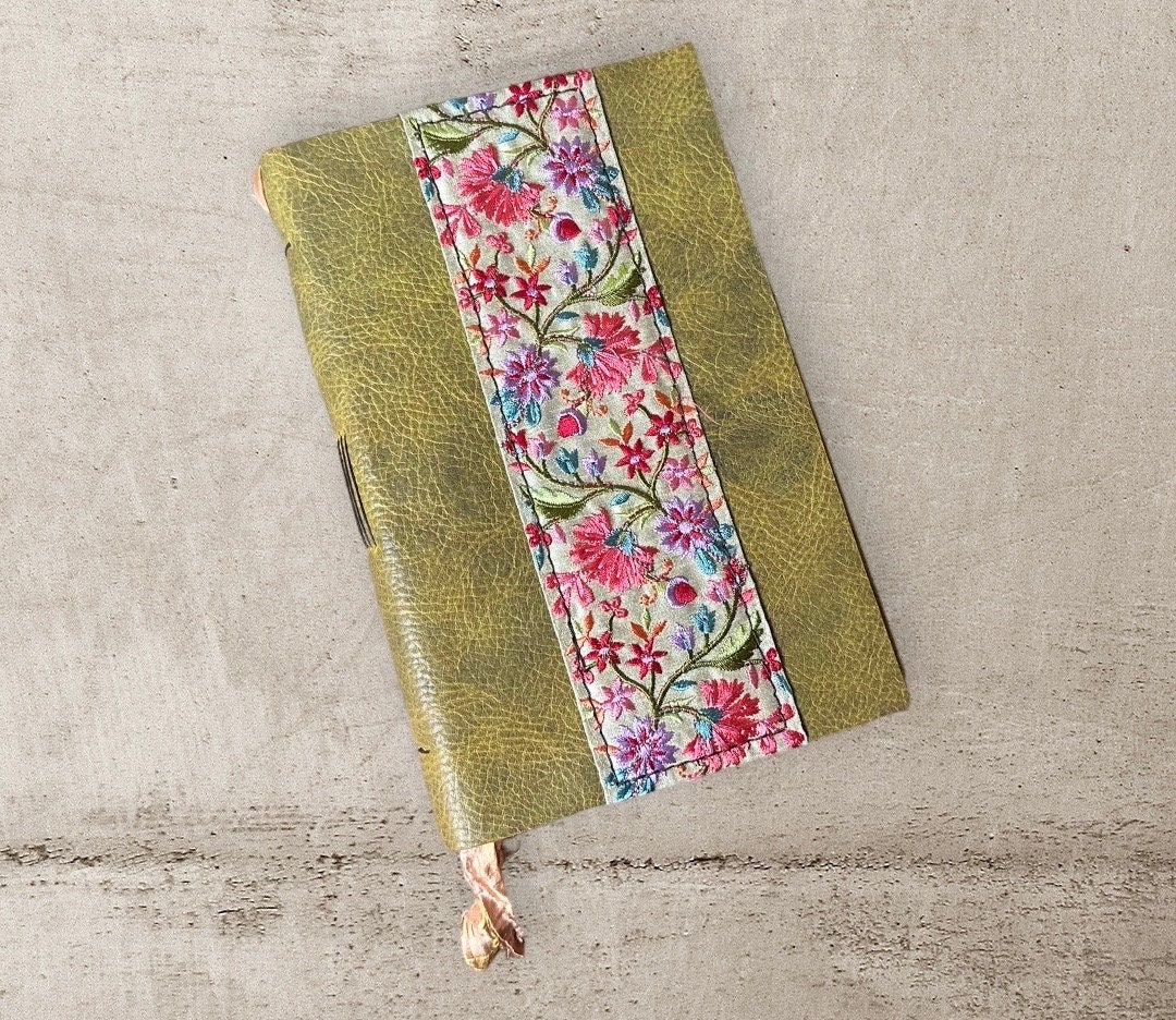 Tea & Flowers Gunpowder Tea Green Leather Journal With Embroidered ...