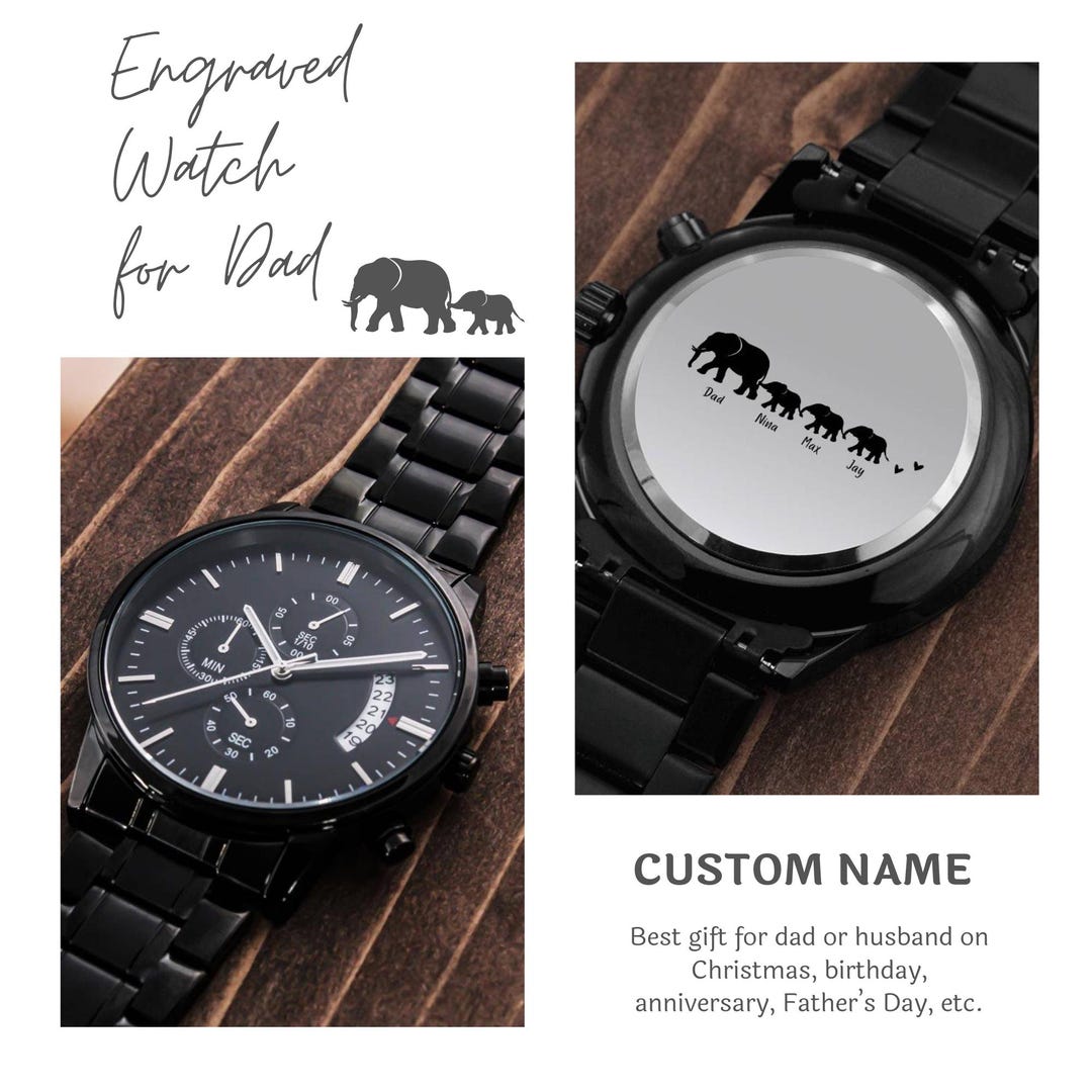 Papa Elephant Engraved Black Watch With Baby Elephants Personalized ...