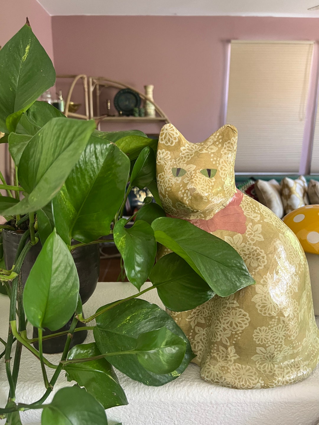 Paper Mache Light Green Cat With Bow - Etsy