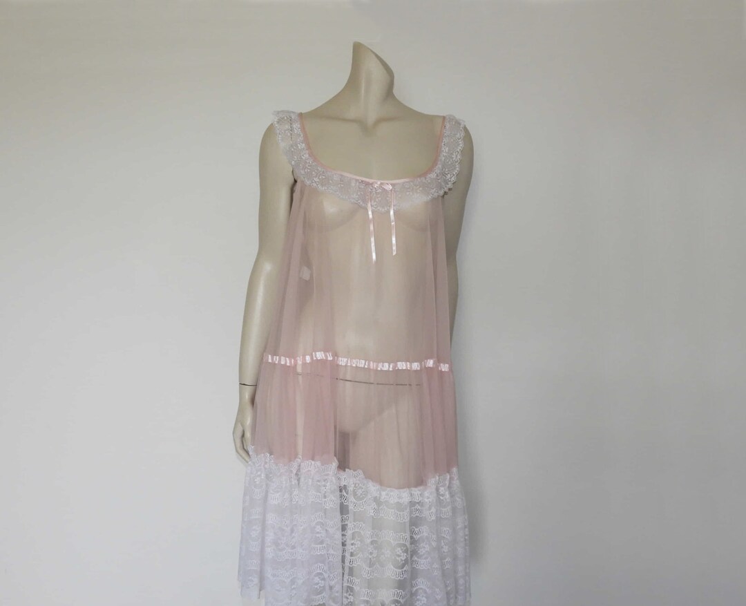 Sheer Pink Nightgown With Lace Ruffle M Etsy