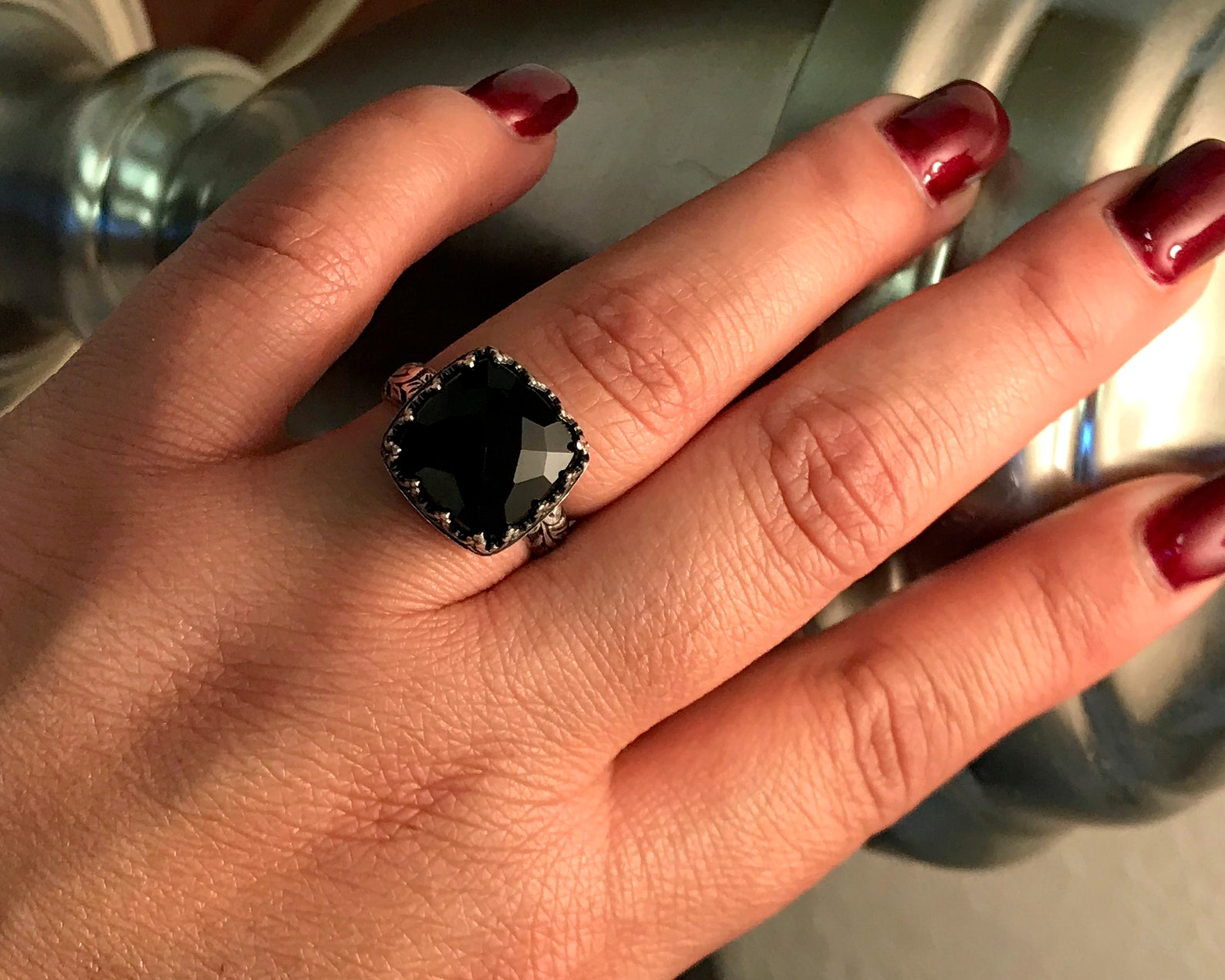 Black Onyx Ring in Sterling Silver Faceted Cushion Black Onyx - Etsy