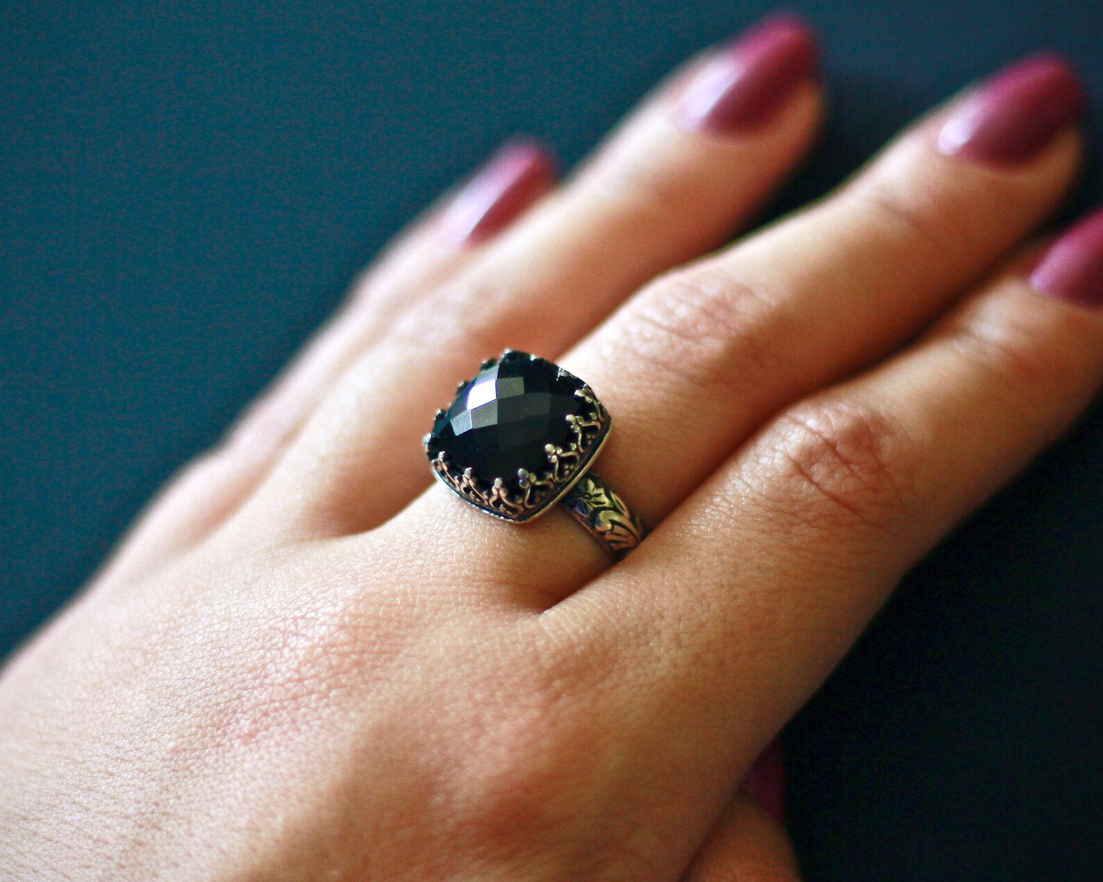 Black Onyx Ring in Sterling Silver Faceted Cushion Black Onyx - Etsy