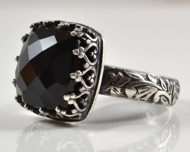 Black Onyx Ring in Sterling Silver Faceted Cushion Black Onyx - Etsy
