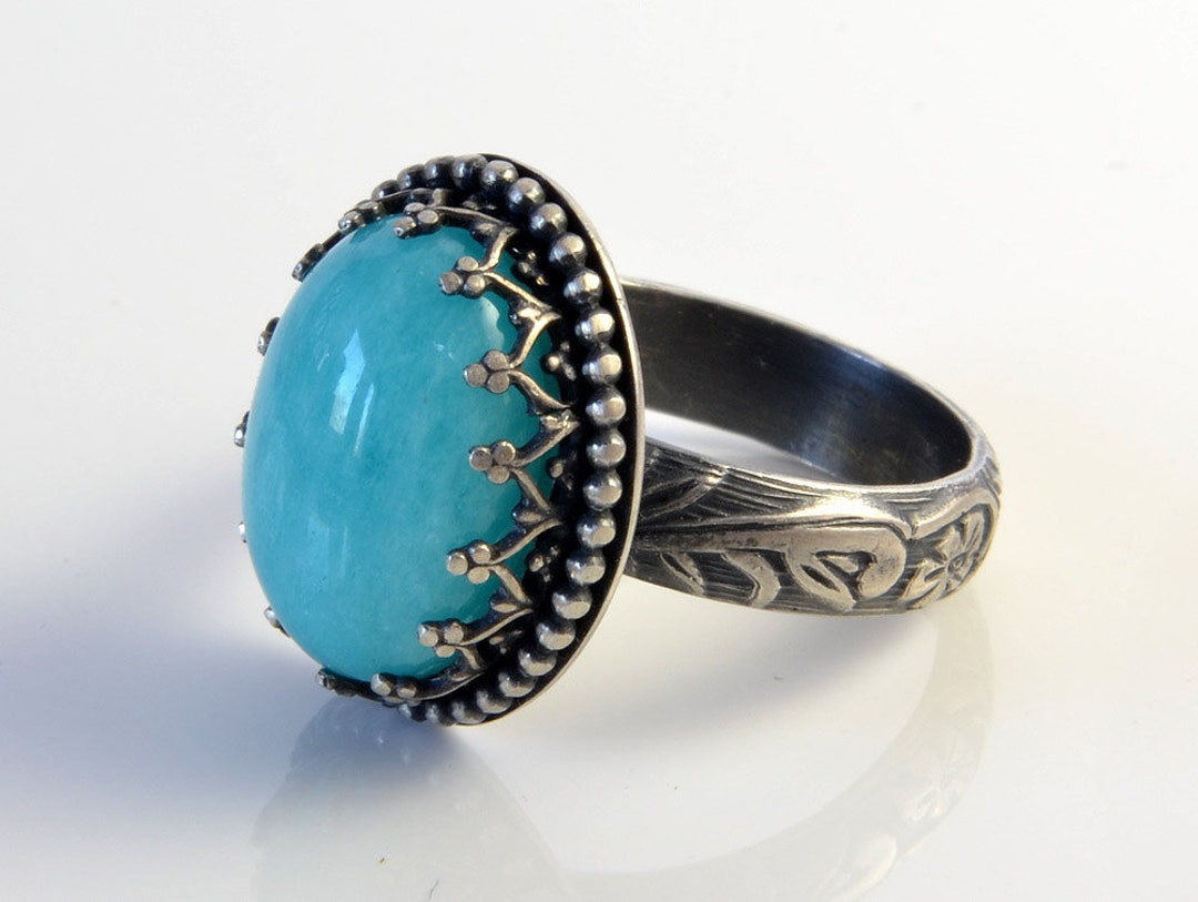 Handmade Sterling Silver Amazonite Ring: Floral Leaf Band - Etsy