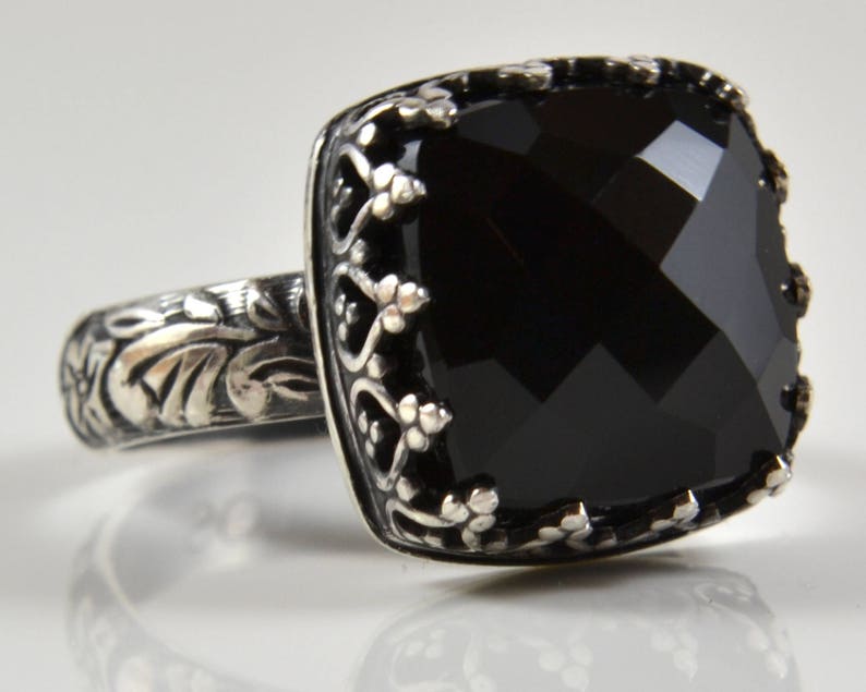 Black Onyx Ring in Sterling Silver Faceted Cushion Black Onyx - Etsy