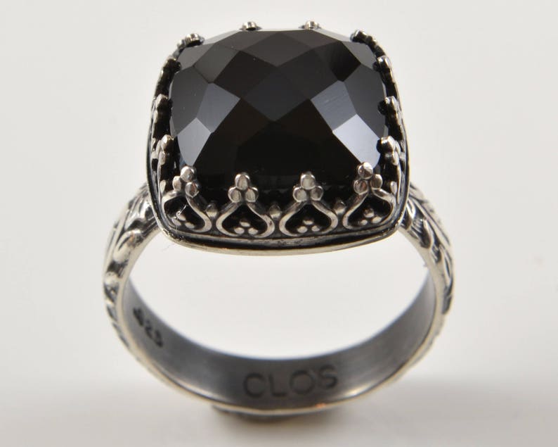 Black Onyx Ring in Sterling Silver Faceted Cushion Black Onyx - Etsy