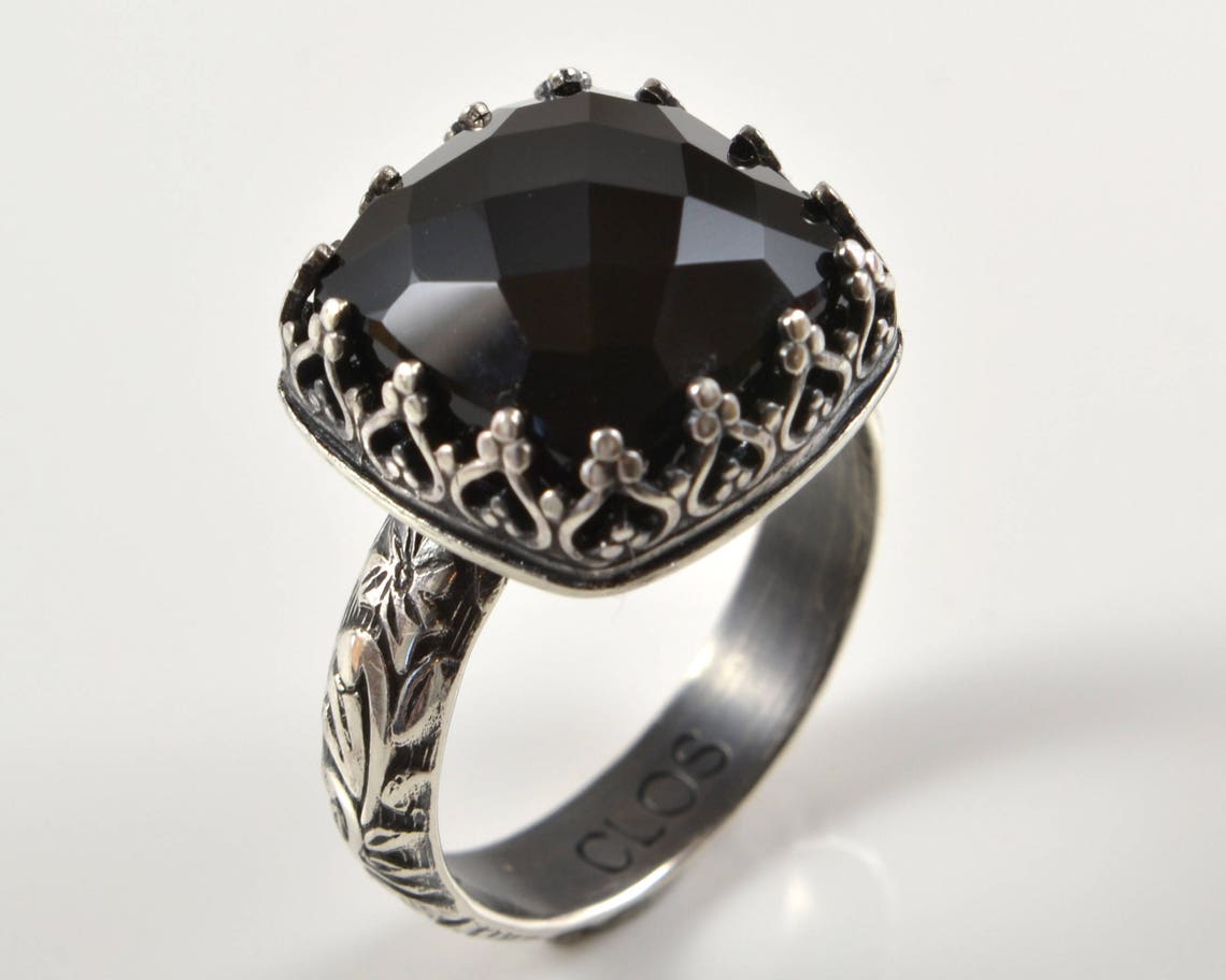 Black Onyx Ring in Sterling Silver Faceted Cushion Black Onyx | Etsy