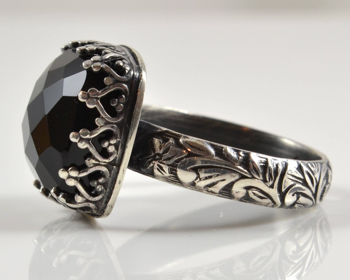 Black Onyx Ring in Sterling Silver Faceted Cushion Black Onyx - Etsy