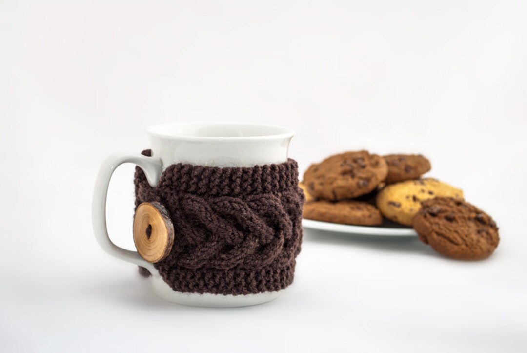 Handmade Knitted Mug Cozy | Brown, Coffee Sleeve With Wooden Button ...
