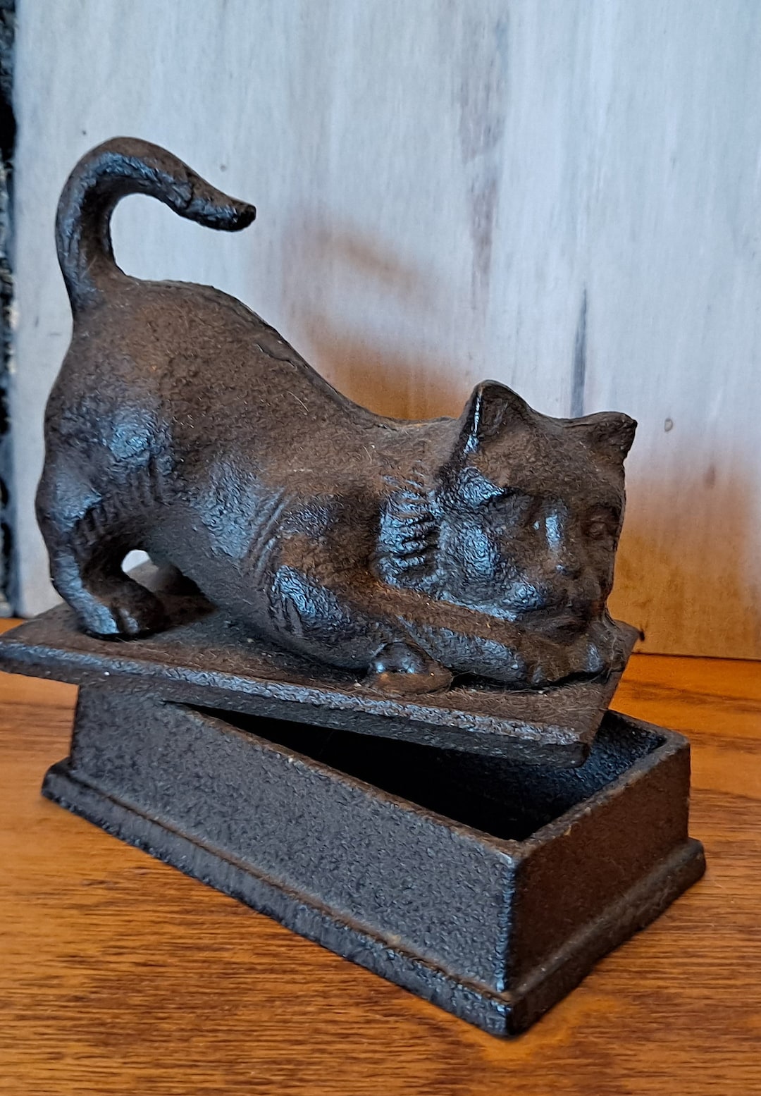 Vintage CAT JEWELRY BOX /paperweight W/ Tiny Wood Cat Earrings, Cat ...