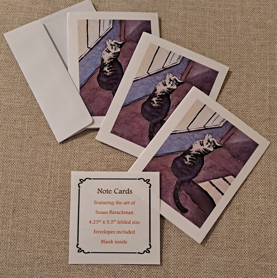 3 CAT ART Greeting Cards, Cat at Door, Cat Stationery FREE Cards, Blank ...