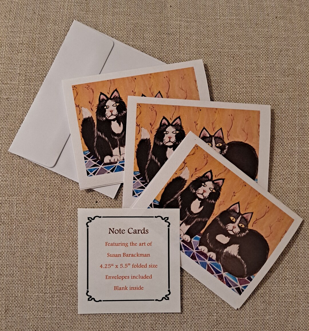 6 Folk Art CAT Note Cards, Colorful Primitive Style, Cat Stationery 3 ...