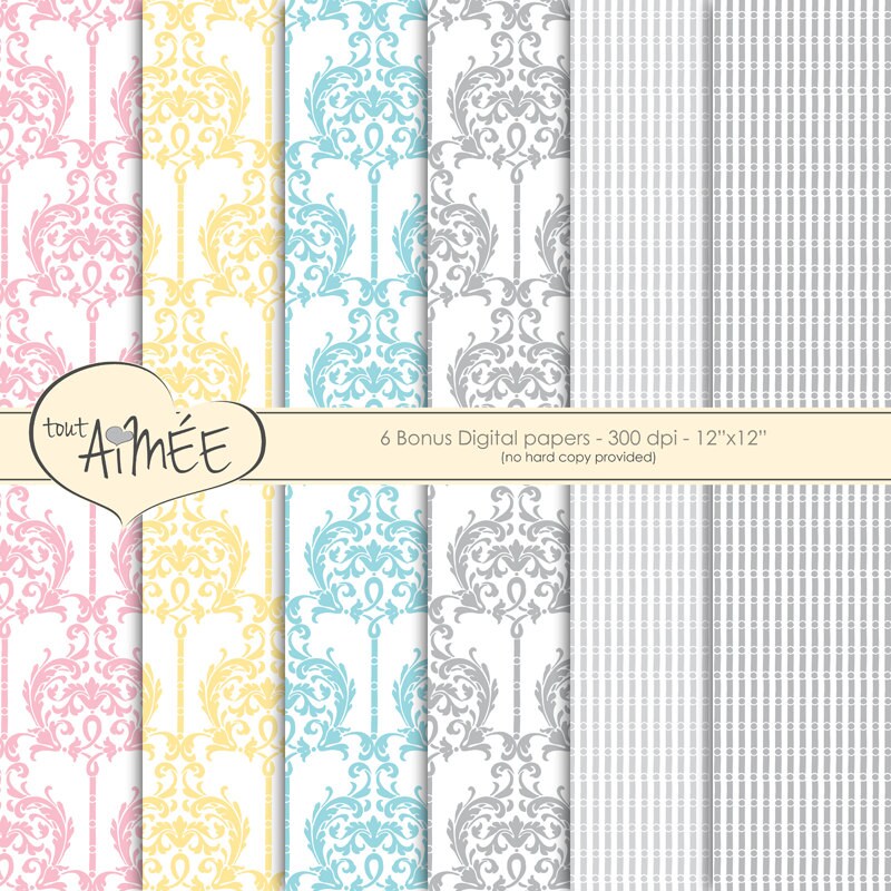 Damask Digital Scrapbook Paper Printable Paper in Blue Grey | Etsy
