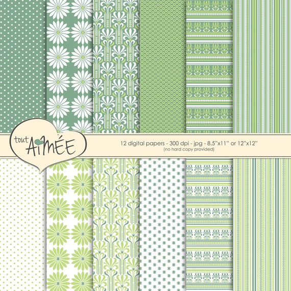 Spring Green Digital Paper Retro Flower Dot and Stripe | Etsy