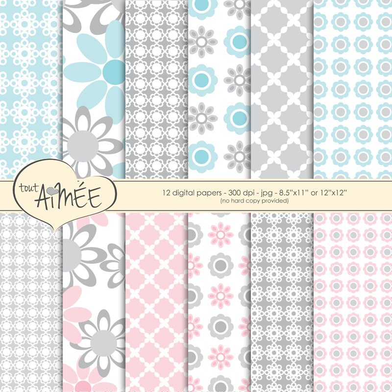 Printable Pastel Pink Blue Grey Graphic Florals & Geometric | Etsy