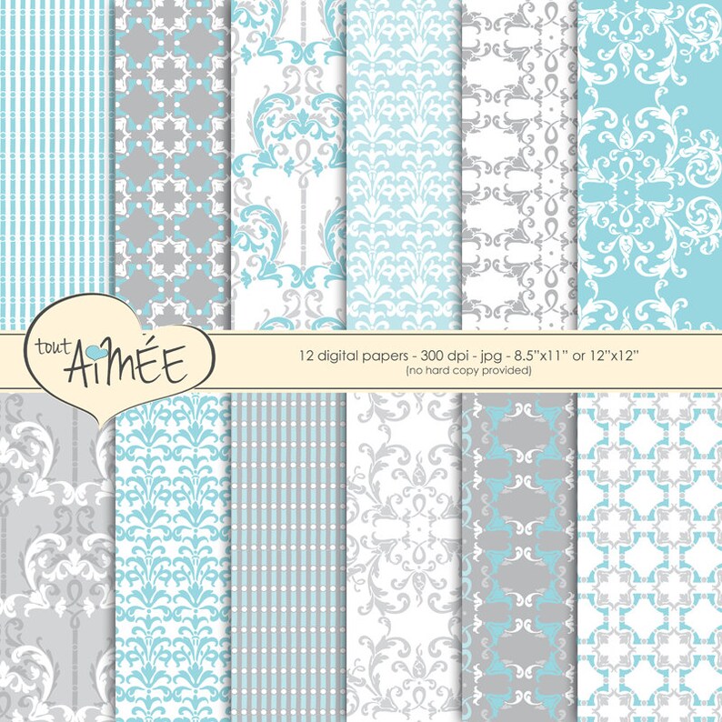 Damask Digital Scrapbook Paper Printable Paper in Blue Grey | Etsy