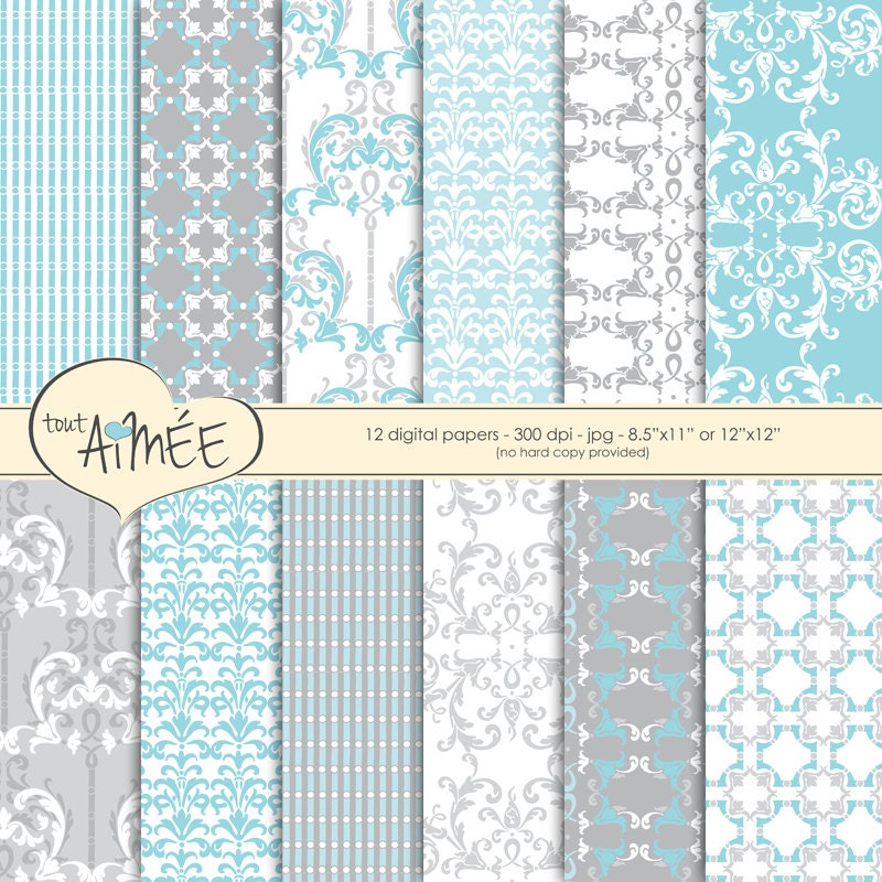Damask Digital Scrapbook Paper Printable Paper in Blue Grey | Etsy