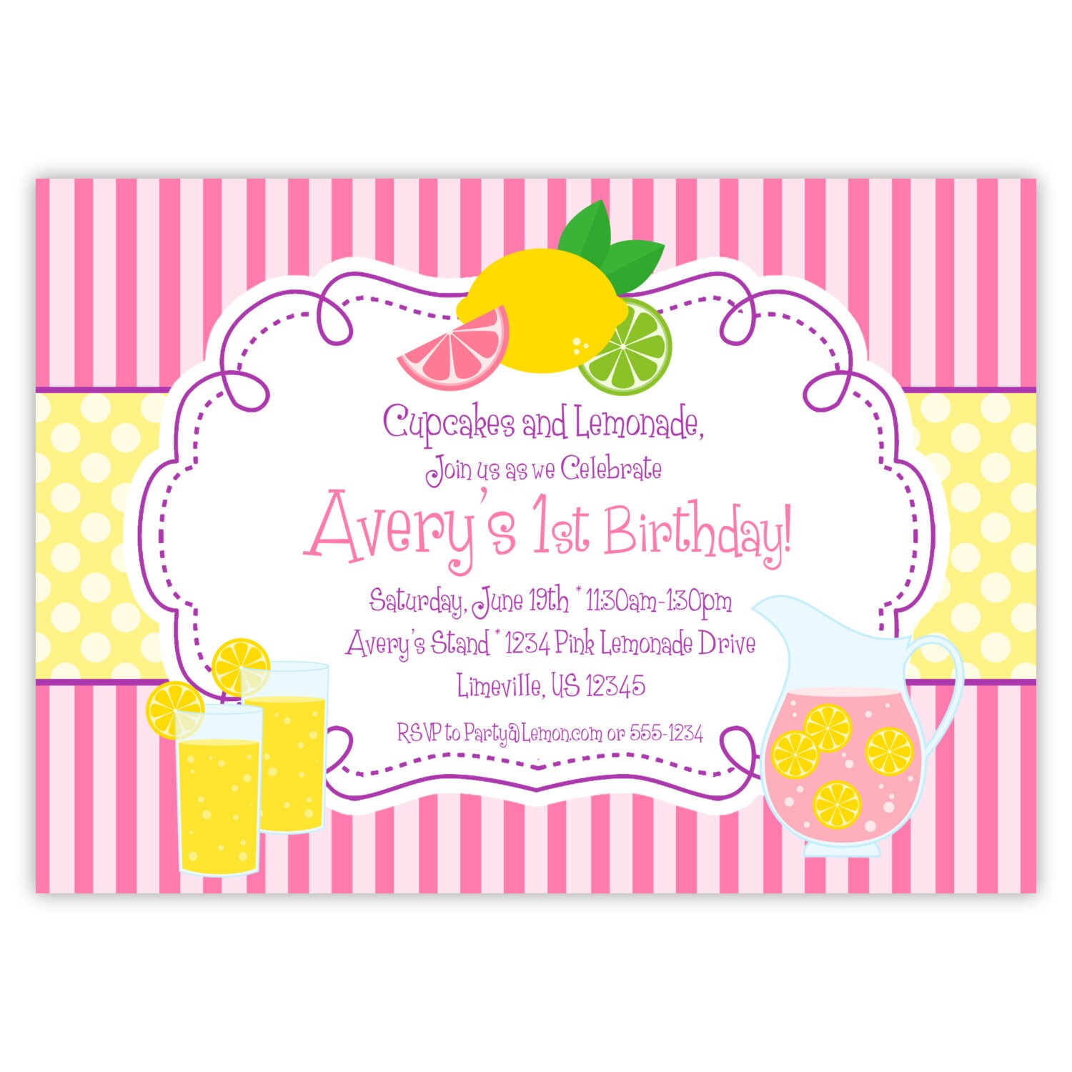 Lemonade Invitation Pink Stripes and Yellow Polka Dots - Etsy