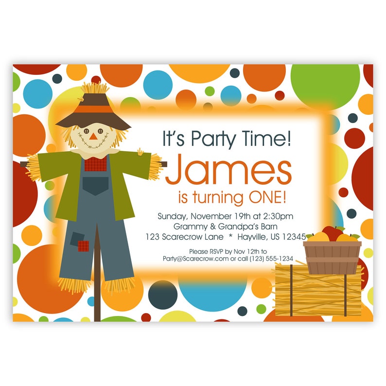 Scarecrow Invitation Red Orange Blue Polka Dots and Apple - Etsy