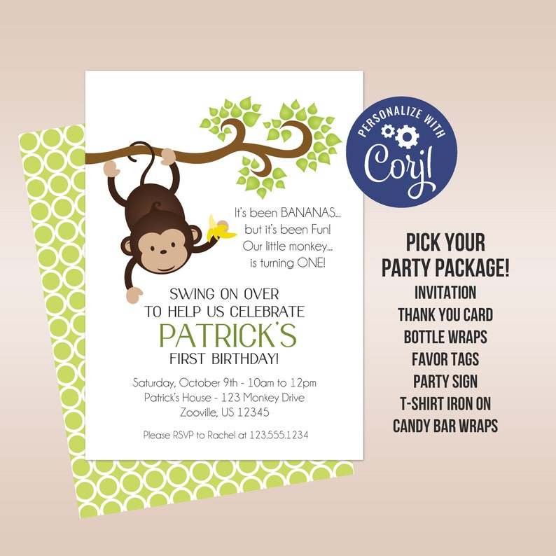Monkey Birthday Party Invitation Template Cute Little Brown - Etsy