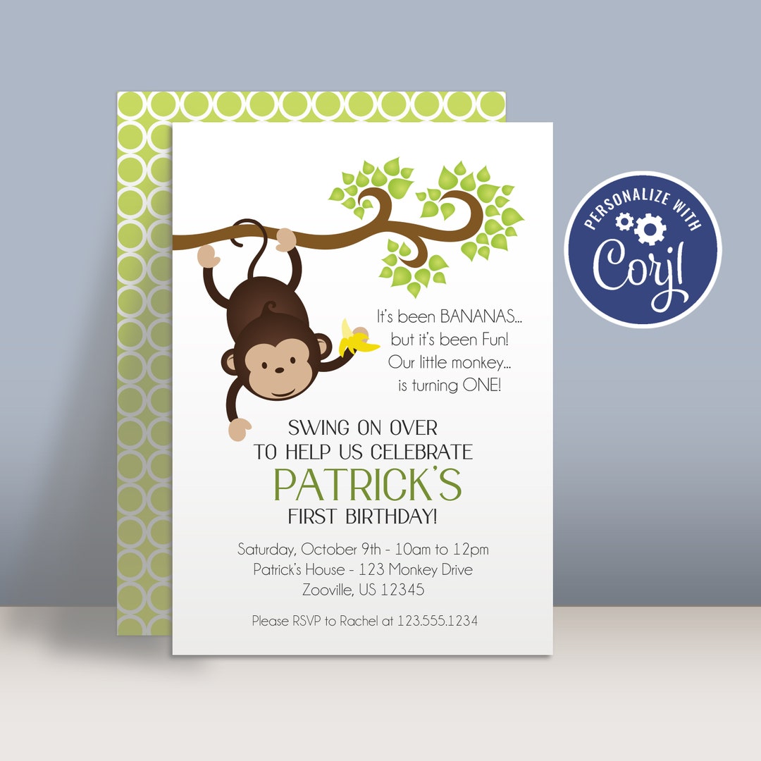 Monkey Birthday Party Invitation Template Cute Little Brown Monkey, Zoo ...