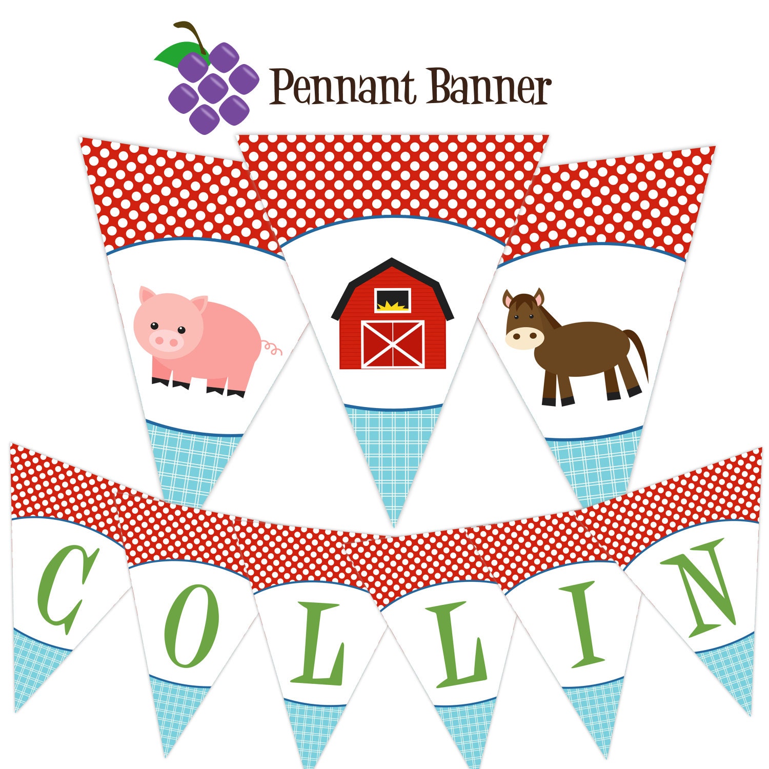 Farm Pennant Banner Red Polka Dots Blue Plaid Farm Pig - Etsy