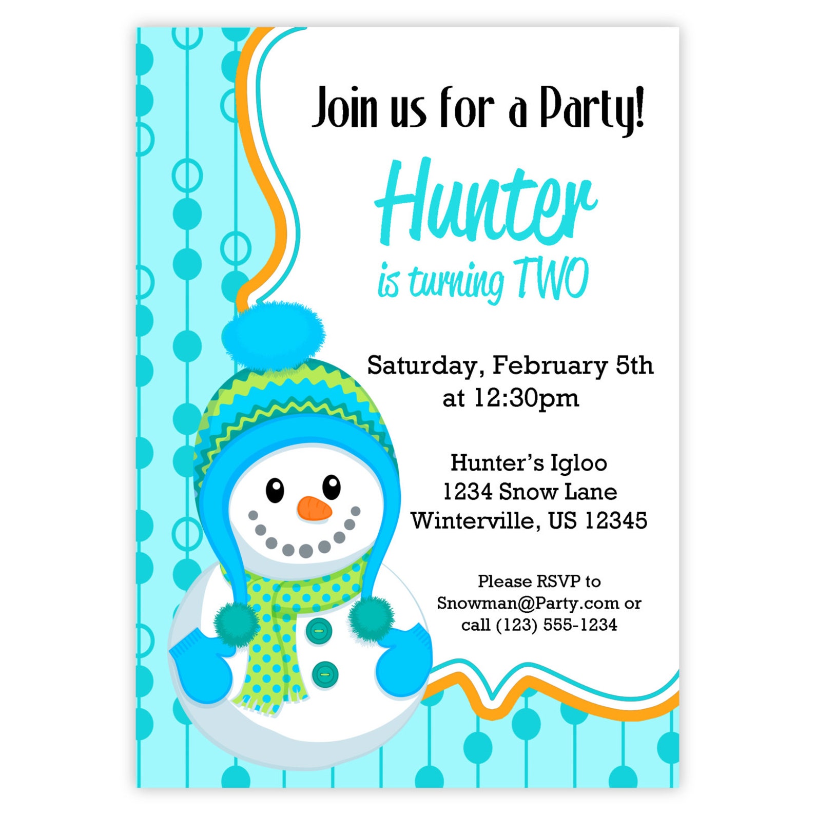 Snowman Invitation Turquoise Blue Polka Dots Cute Little | Etsy
