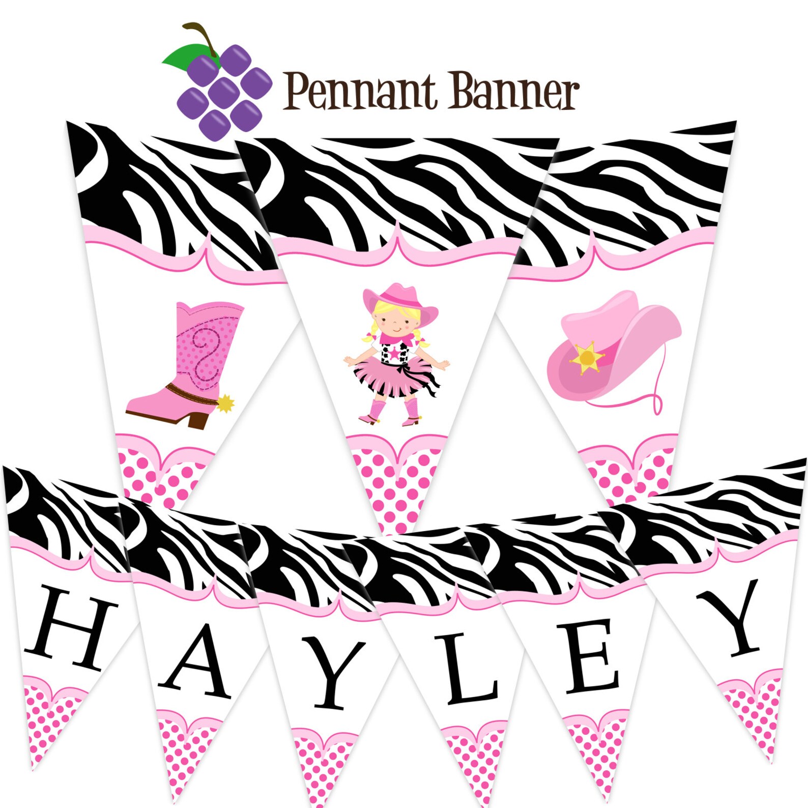 Cowgirl Pennant Banner Zebra Print and Hot Pink Polka Dots - Etsy