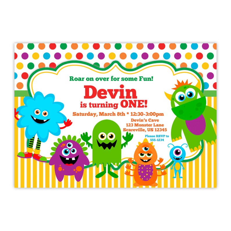 Monster Invitation Yellow Stripes Colorful Polka Dots - Etsy