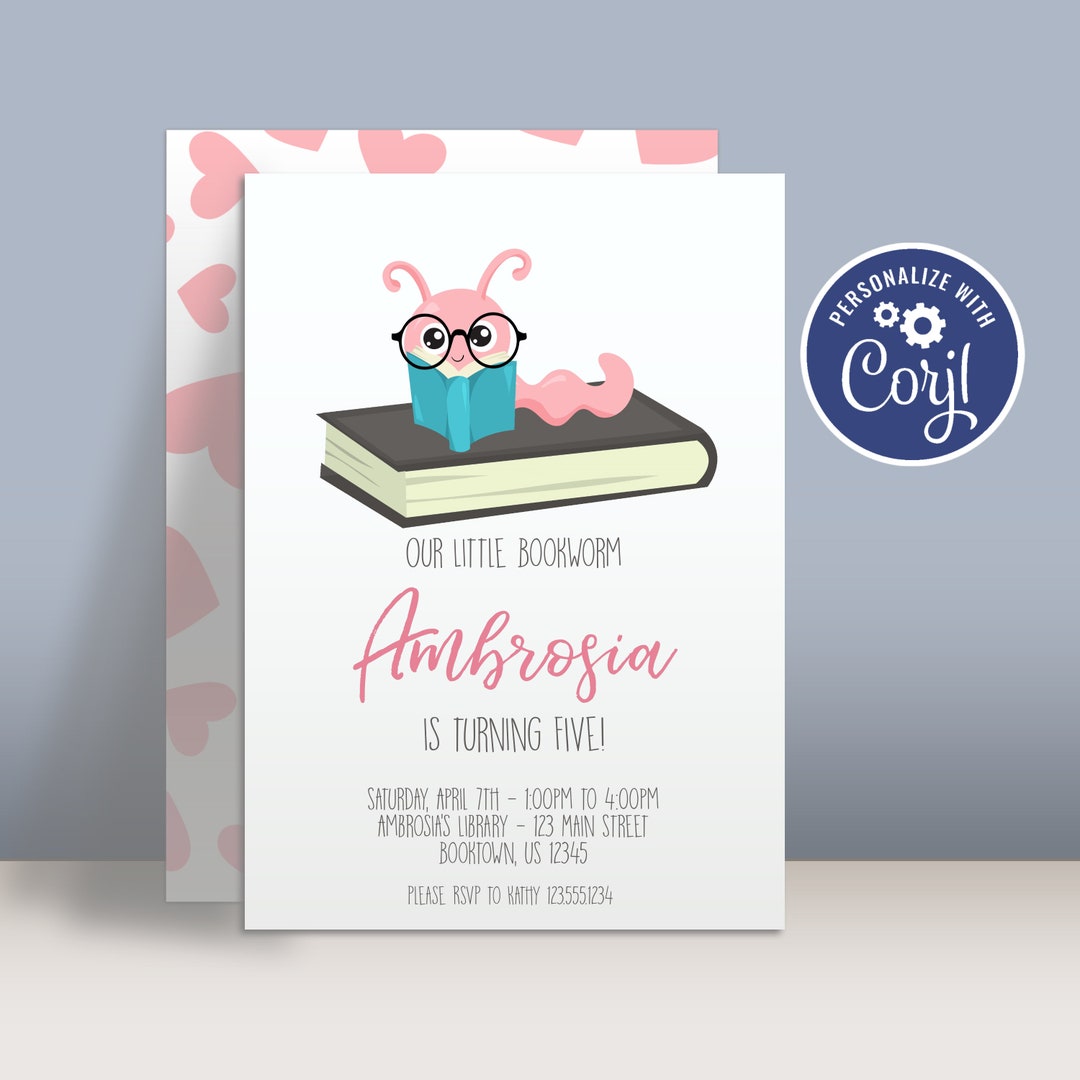 Bookworm Birthday Party Invitation Template - Little Reading Book Worm ...
