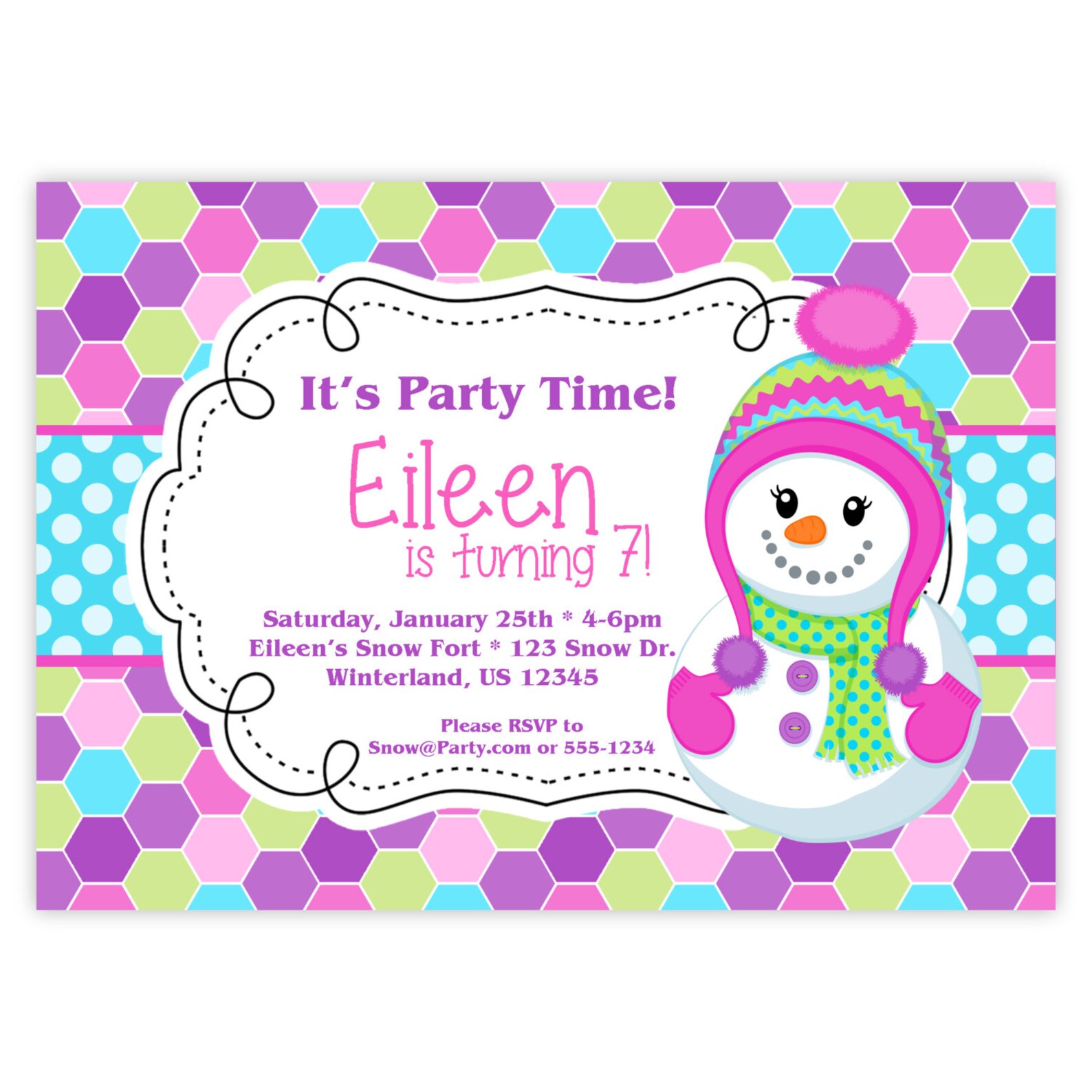 Snowman Invitation Pink Purple Blue Lime Geometic Shape | Etsy