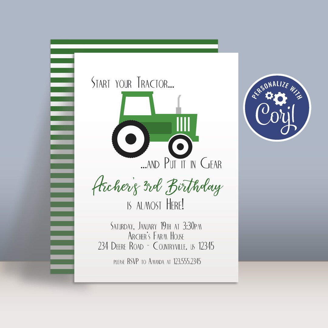 Farm Tractor Birthday Party Invitation Template Green Tractor Farm ...