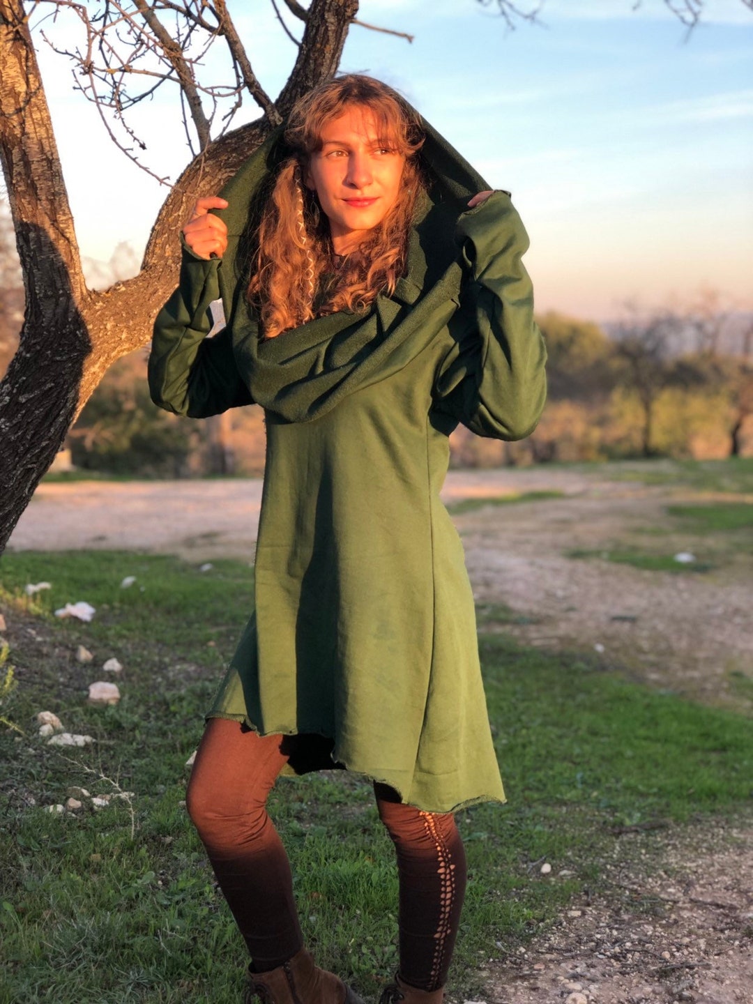 Fall Winter Hood Dress, Cowl Neck Hood Dress, Bohemian Dress, Steampunk ...