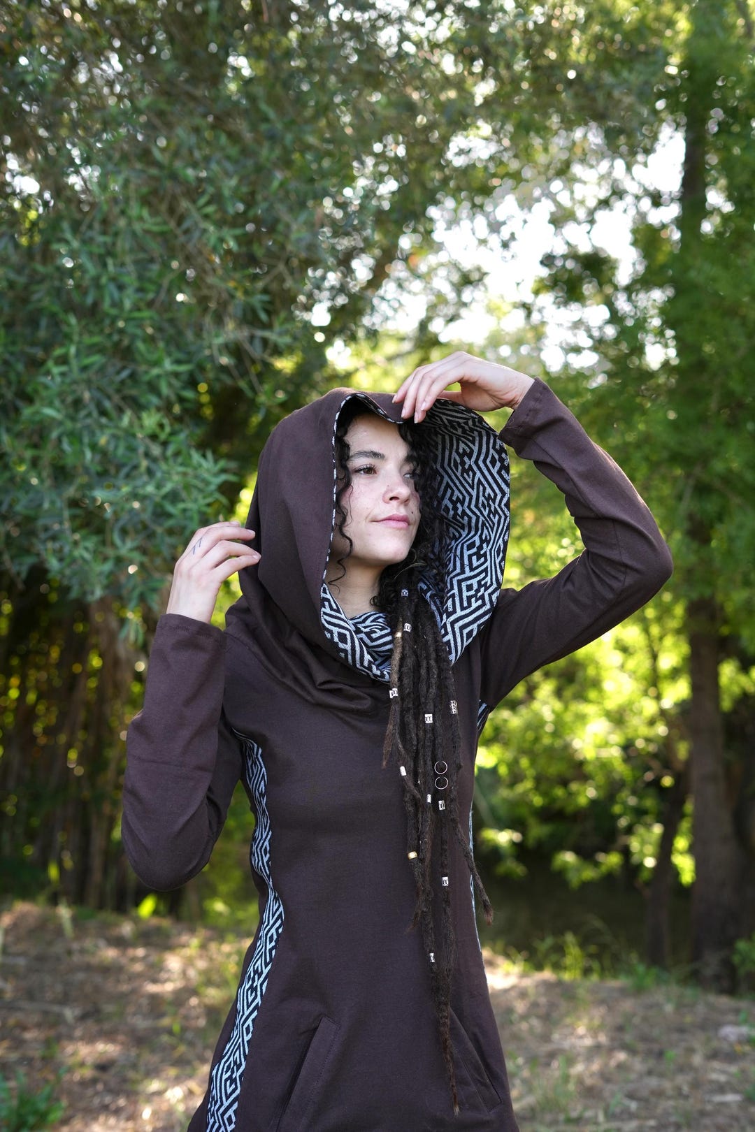Boho Long Sleeve Hoodie – Tribal Geometric Pullover, Convertible Cowl ...