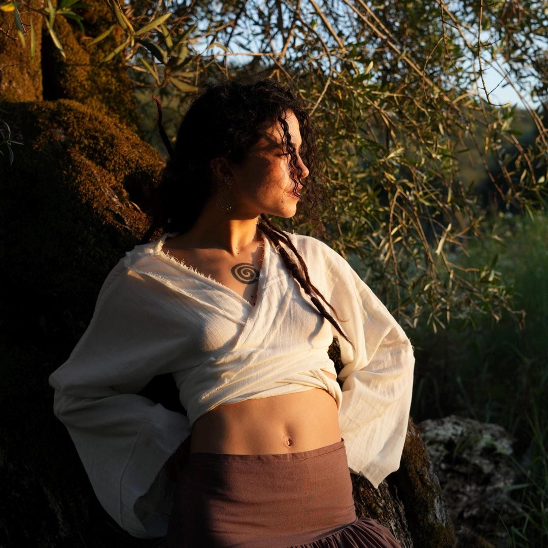Boho Wrap Top – Rustic Cotton Tie Shirt With Flared Sleeves, Raw Edge ...