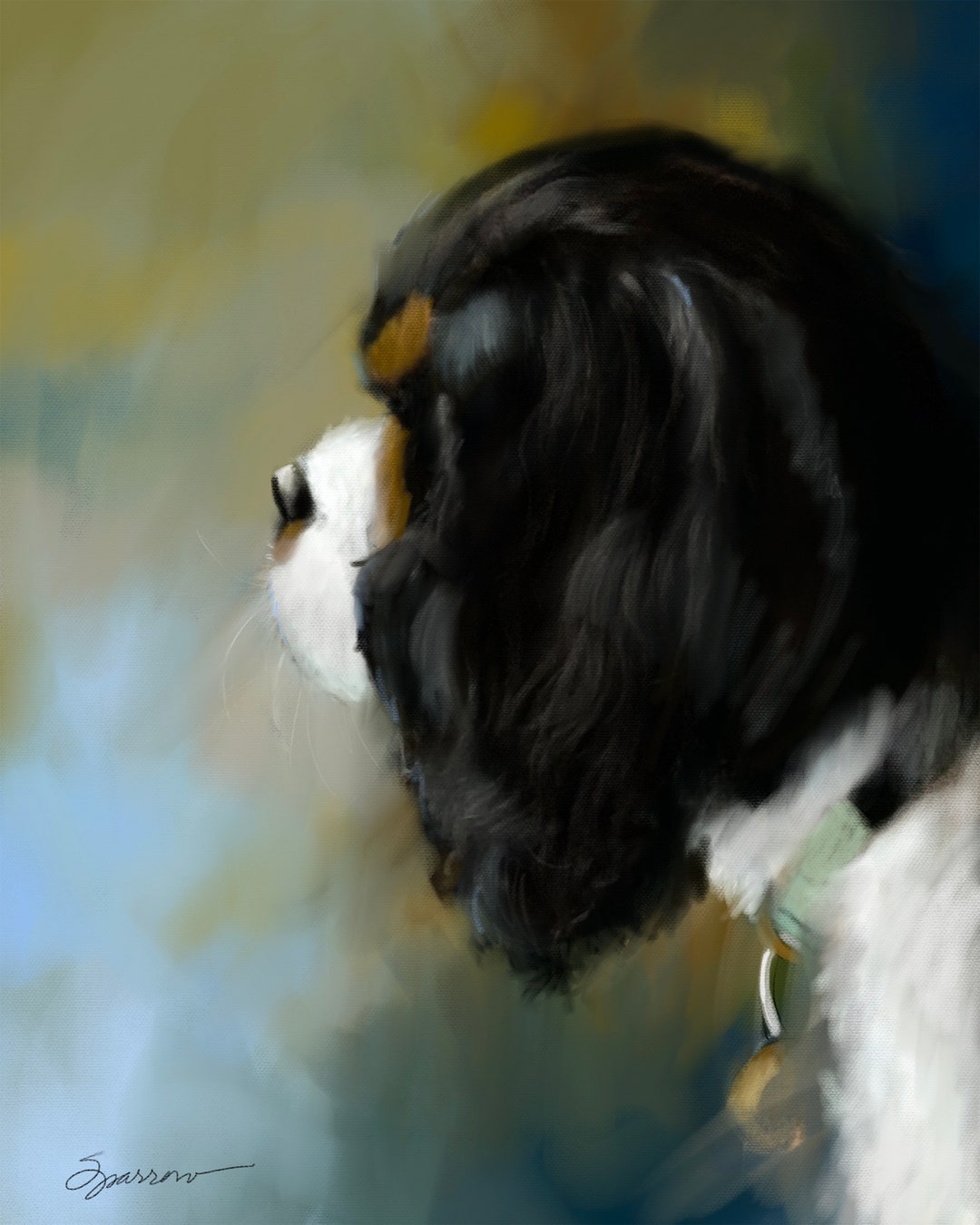 Tri Color Cavalier King Charles Spaniel Puppy Dog Pet Portrait Print of ...