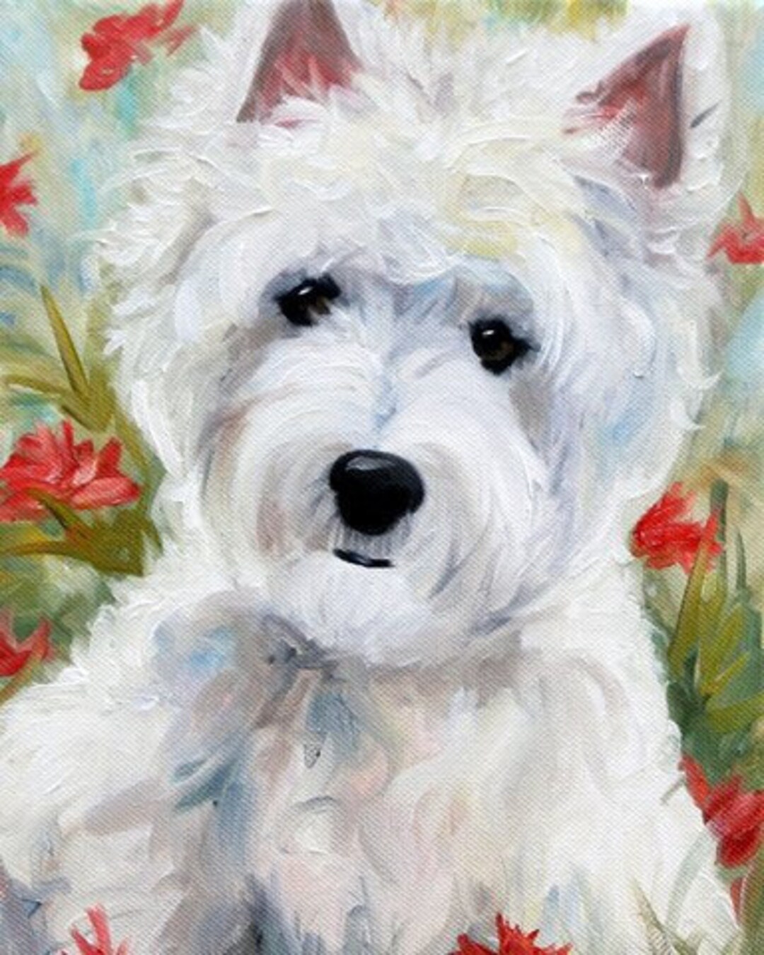 Dog Art PRINT Westie West Highland Terrier Dog Art Oil Painting Flowers ...