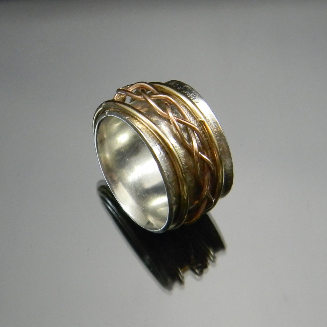Sterling Silver Spinner Ring, 14KGF Yellow and Pink Gold, Statement ...