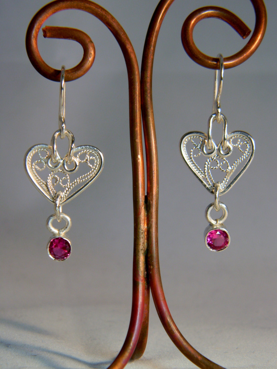 Silver Russian Filigree Earrings, Heart Earrings, Ruby Earrings ...