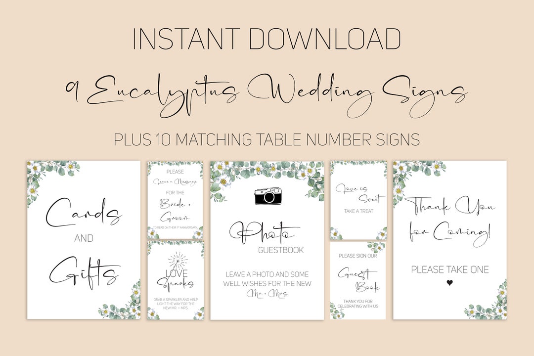 Printable Eucalyptus Wedding Signs and Table Numbers | Instant Download ...