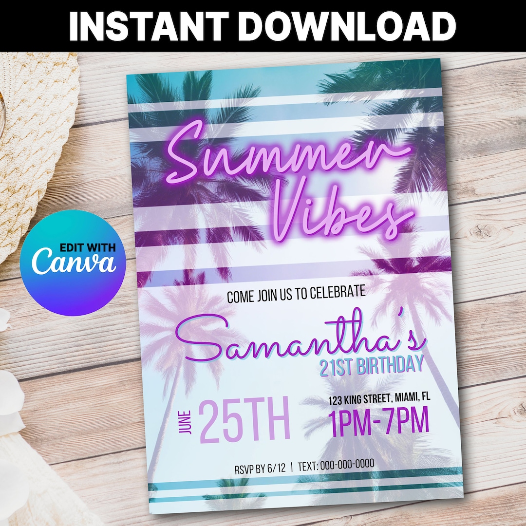 Instant Download Summer Vibes Party Invitation | Palm Tree Invite ...
