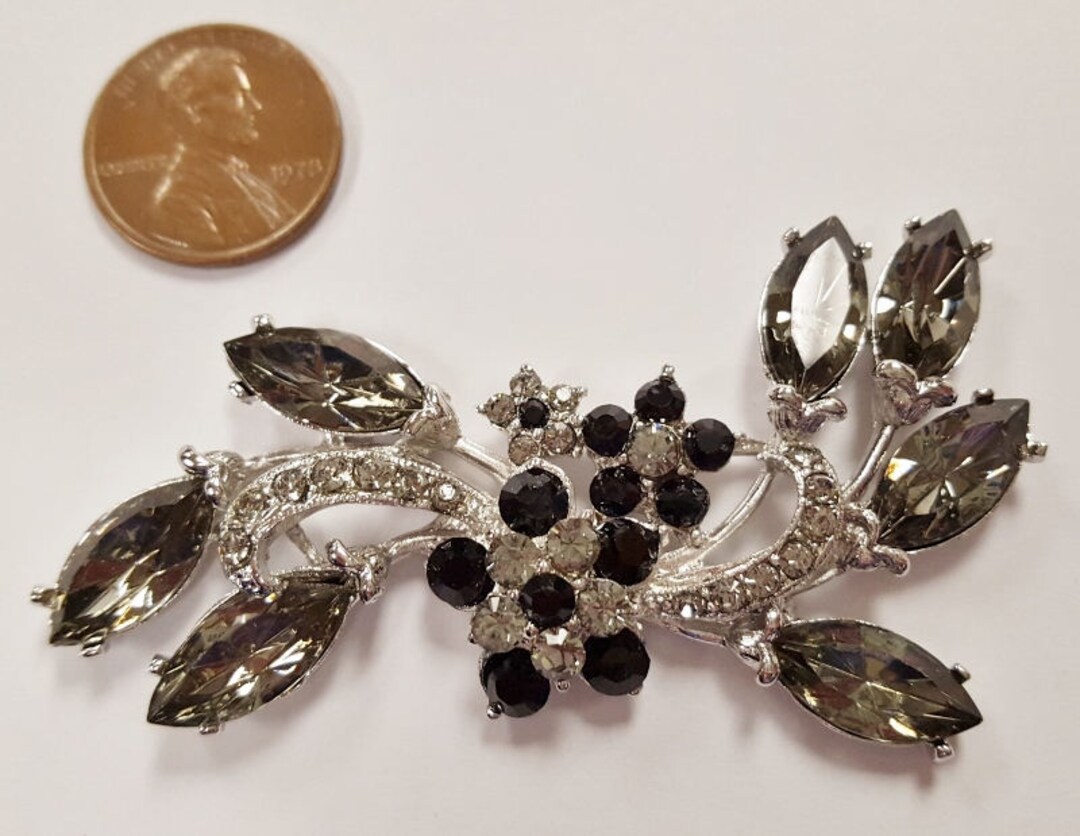 1 Smoke Crystal Jet Rhinestone Gem Jewel Flower 36x68mm. Floral Ornate ...
