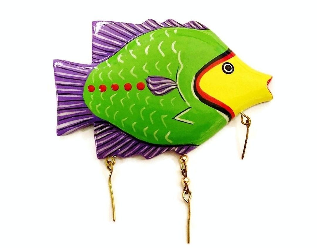 Vintage Retro Colorful Hand Painted Fish With 3 Dangling Eye Pin Posts ...