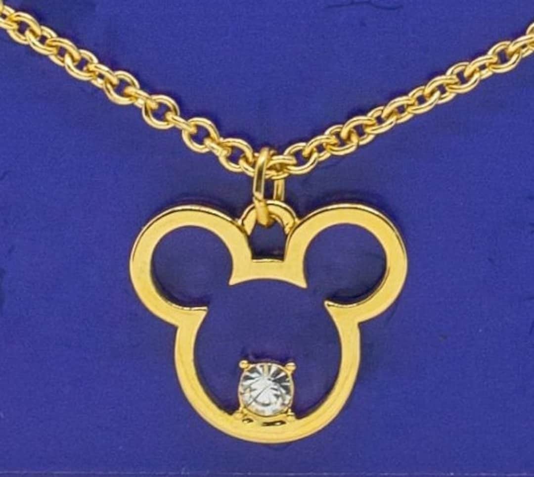 Vintage Mickey Mouse Head Rhinestone Disney 20" Gold Chain Necklace ...