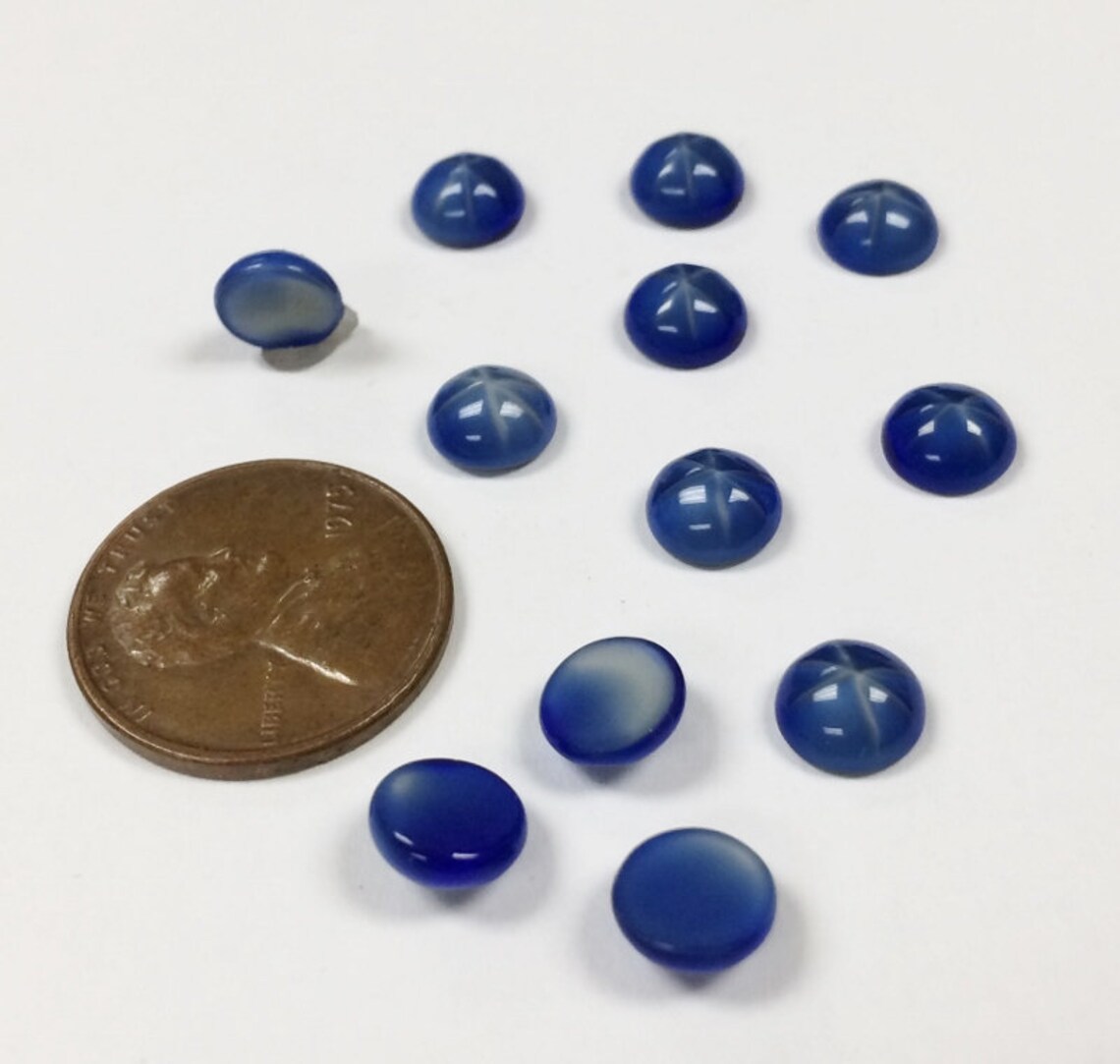 12 Vintage Cobalt Blue Star Sapphire Glass 7mm. Round Smooth Domed ...