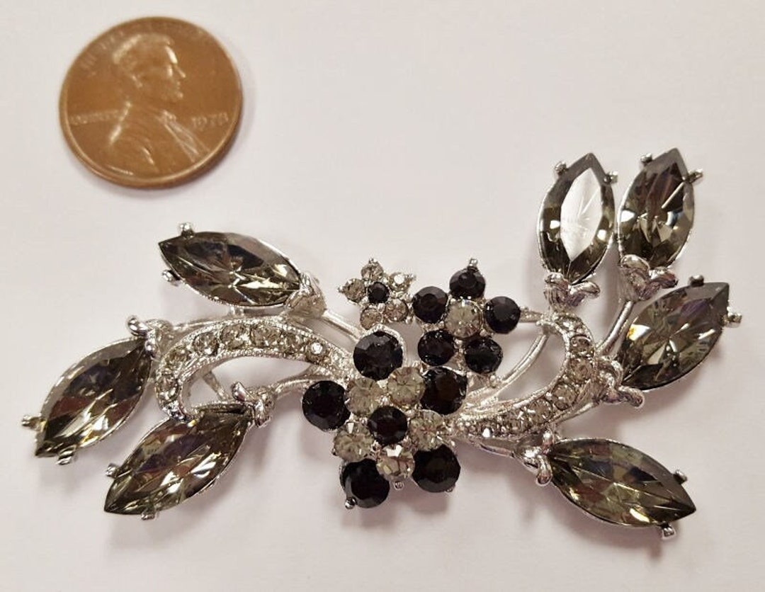 1 Smoke Crystal Jet Rhinestone Gem Jewel Flower 36x68mm. Floral Ornate ...