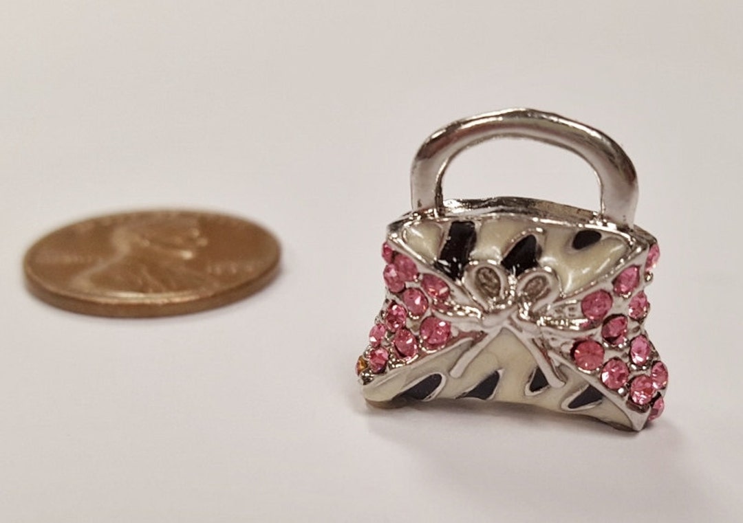 1 Zebra Enamel Pink Rhinestone Silver Handbag 18x18mm. Floating Charm ...
