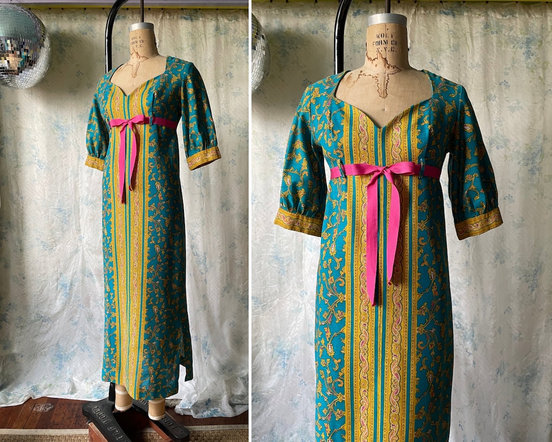 60s Boho Empire Waist Maxi Regency Style Dress / Vintage Turquoise ...