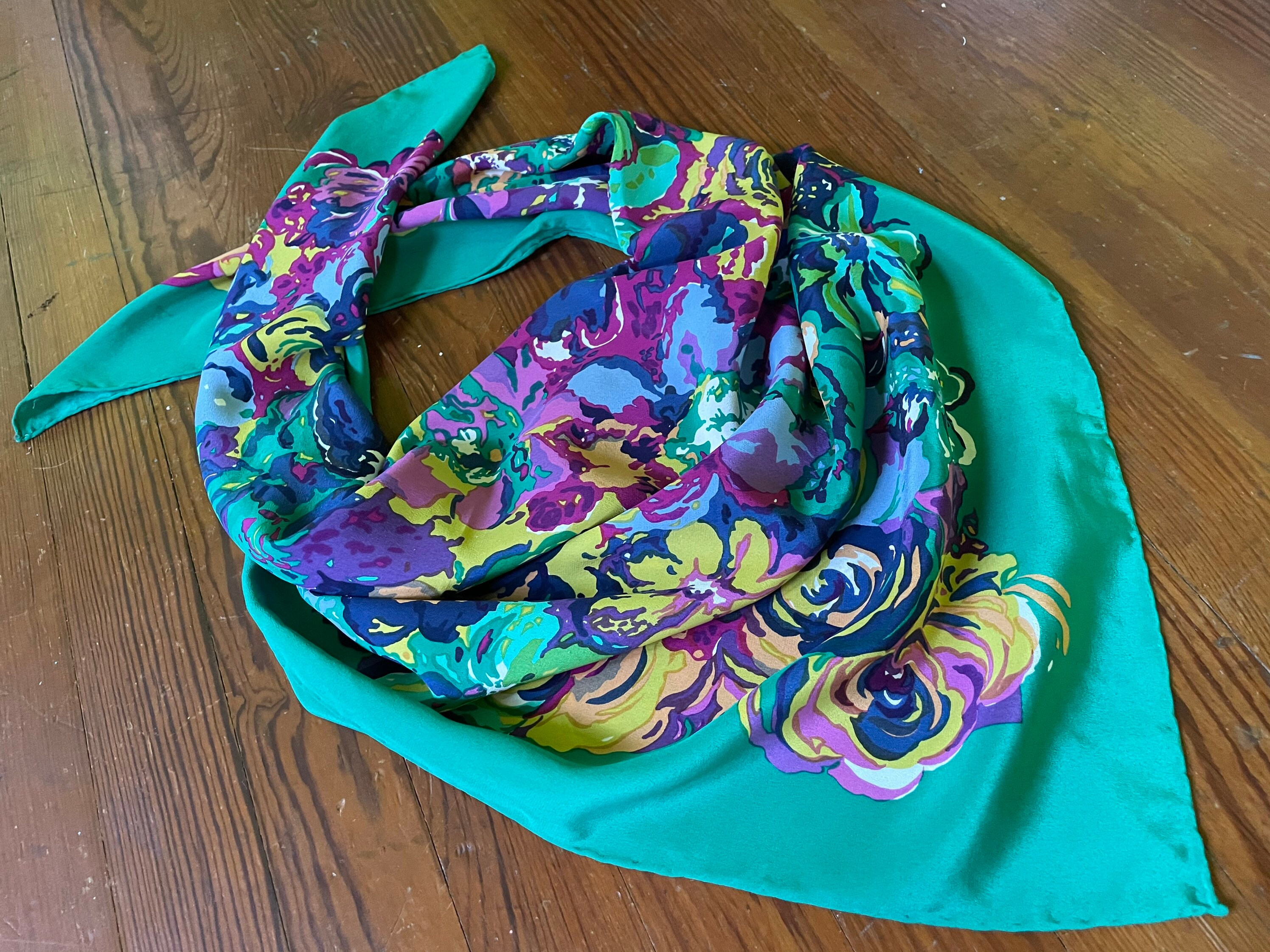 80s Vintage Silk Scarf / Fiorio Silk Scarf / Turquoise Floral ...