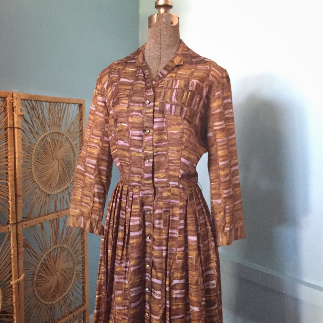 50s Syd Chicago Silk Shirt Dress With Rhinestone Buttons / Mod Print ...